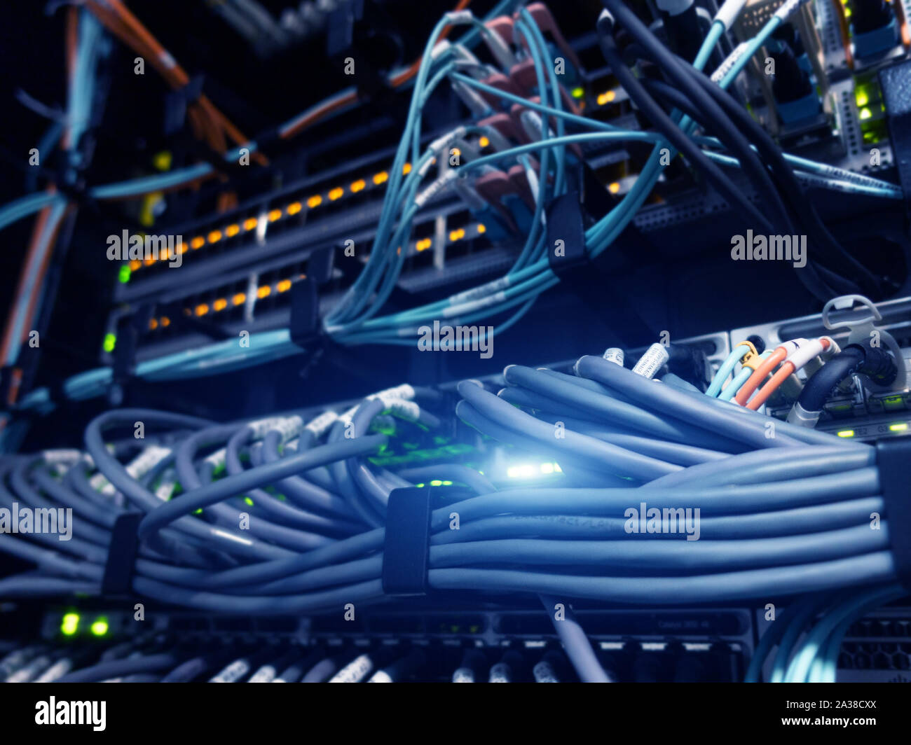 Telecommunication concept. Modern Server Room Environment. Many cables ...