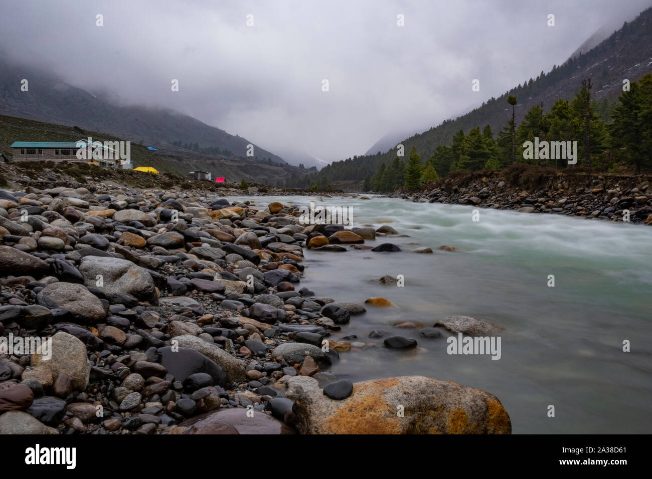 Chitkul village- Baspa river flows through the Sangla valley surrounded ...