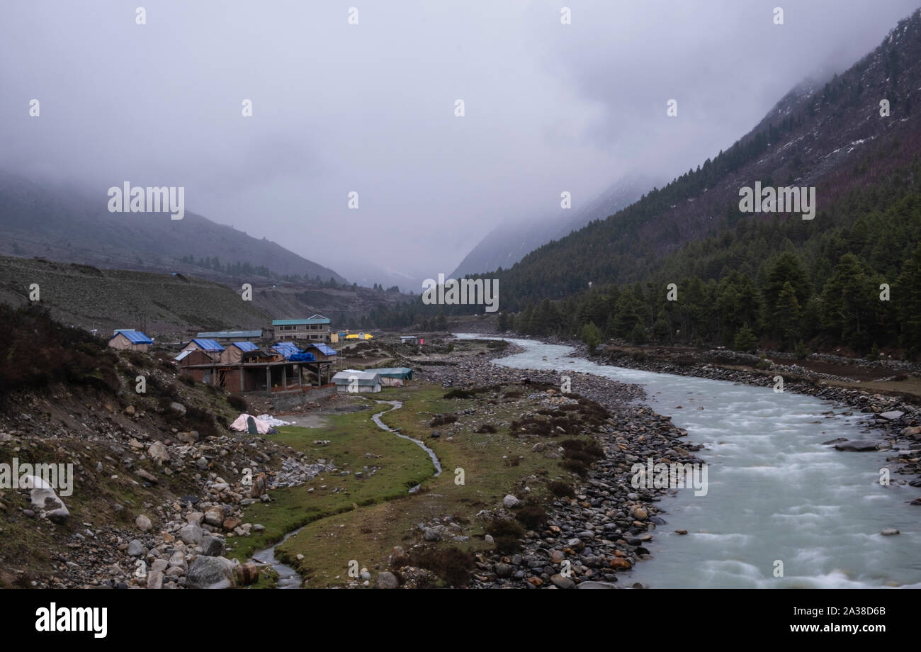 Chitkul village- Baspa river flows through the Sangla valley surrounded ...