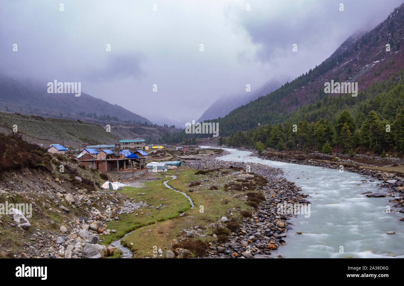 Chitkul village- Baspa river flows through the Sangla valley surrounded ...