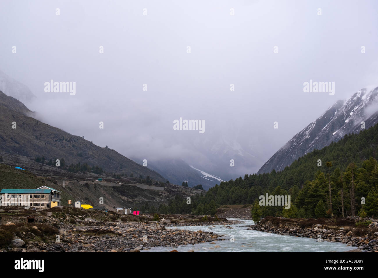 Chitkul village- Baspa river flows through the Sangla valley surrounded ...
