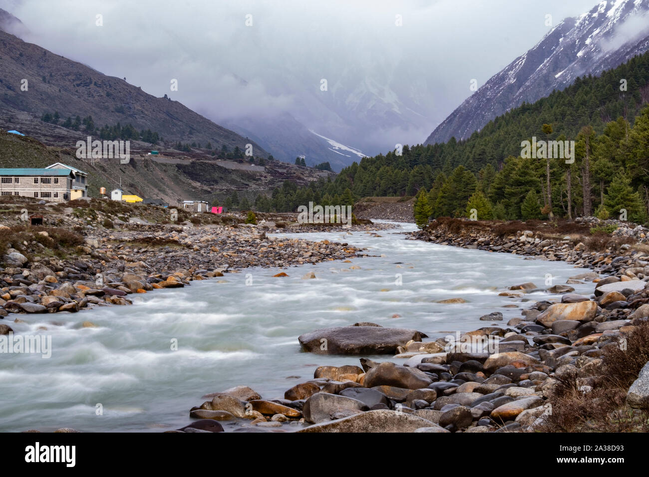 Chitkul village- Baspa river flows through the Sangla valley surrounded ...