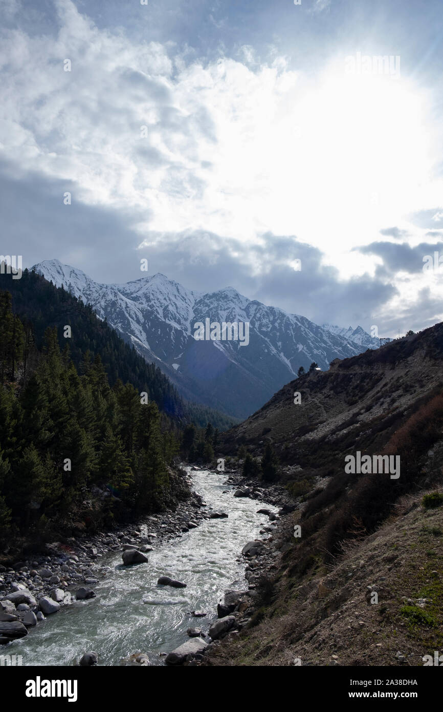 Chitkul village- Baspa river flows through the Sangla valley surrounded ...