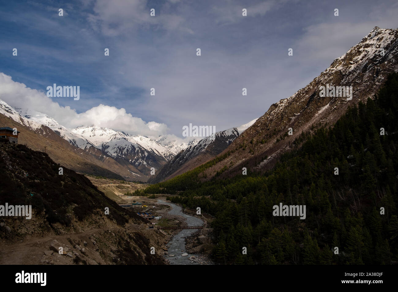 Chitkul village- Baspa river flows through the Sangla valley surrounded ...