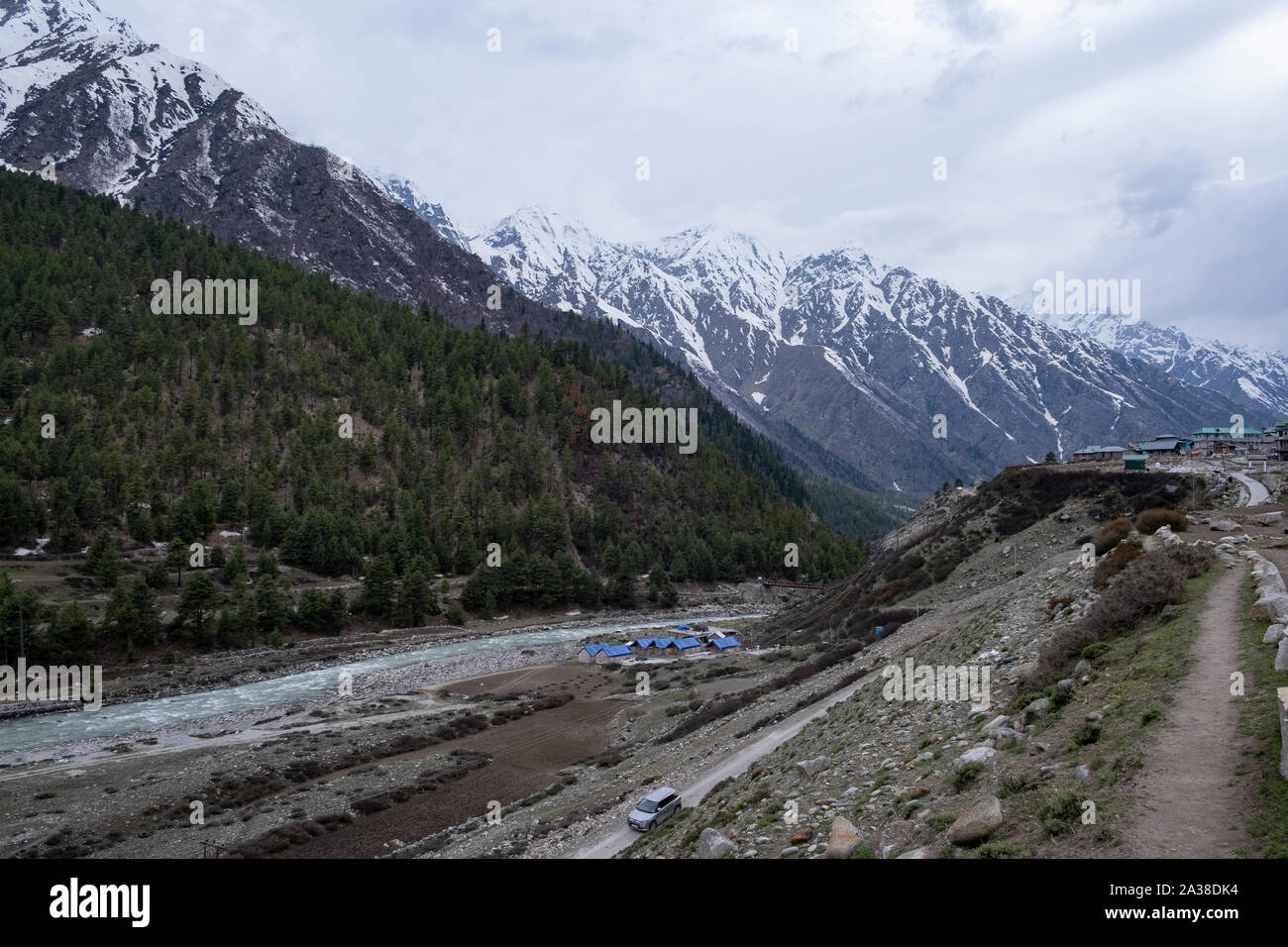 Chitkul village- Baspa river flows through the Sangla valley surrounded ...