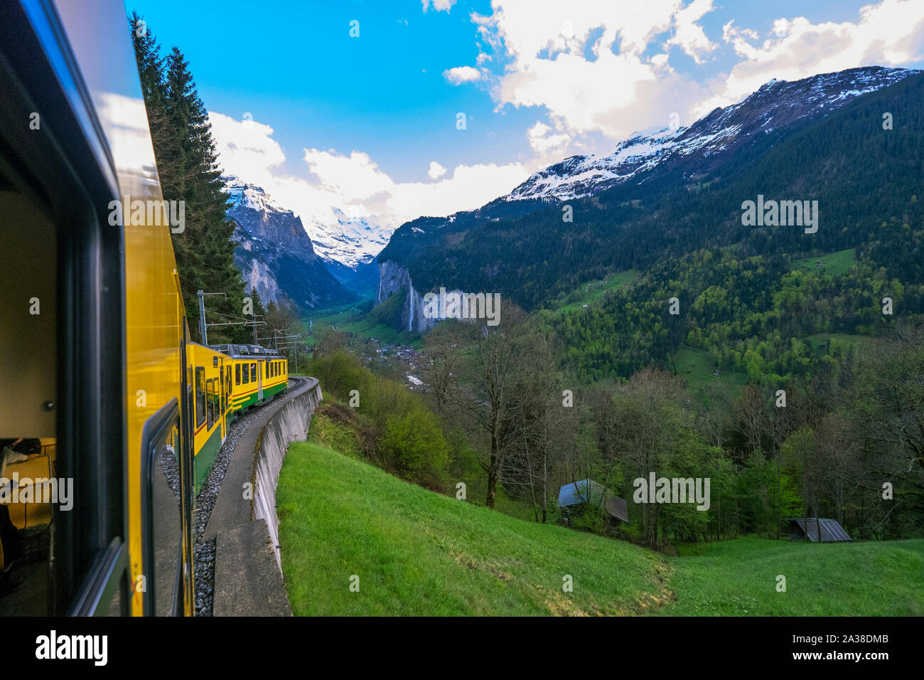 Train driving through Lauterbrunnen Valley, Bern, Switzerland Stock ...