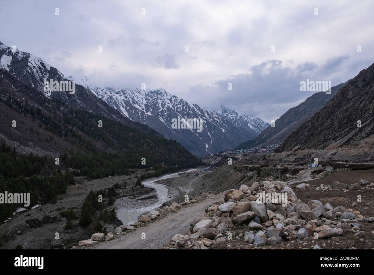Chitkul village- Baspa river flows through the Sangla valley surrounded ...