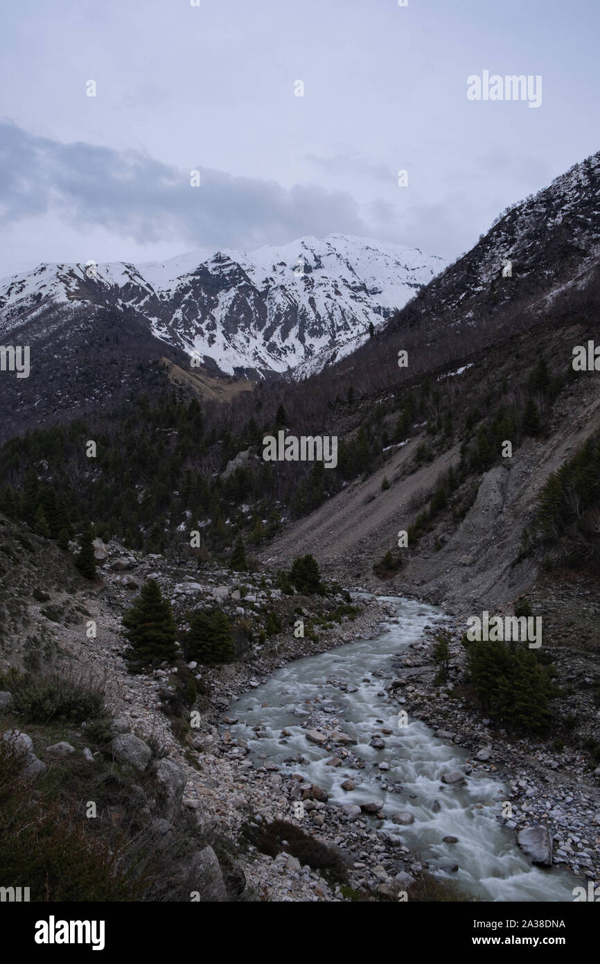 Chitkul village- Baspa river flows through the Sangla valley surrounded ...