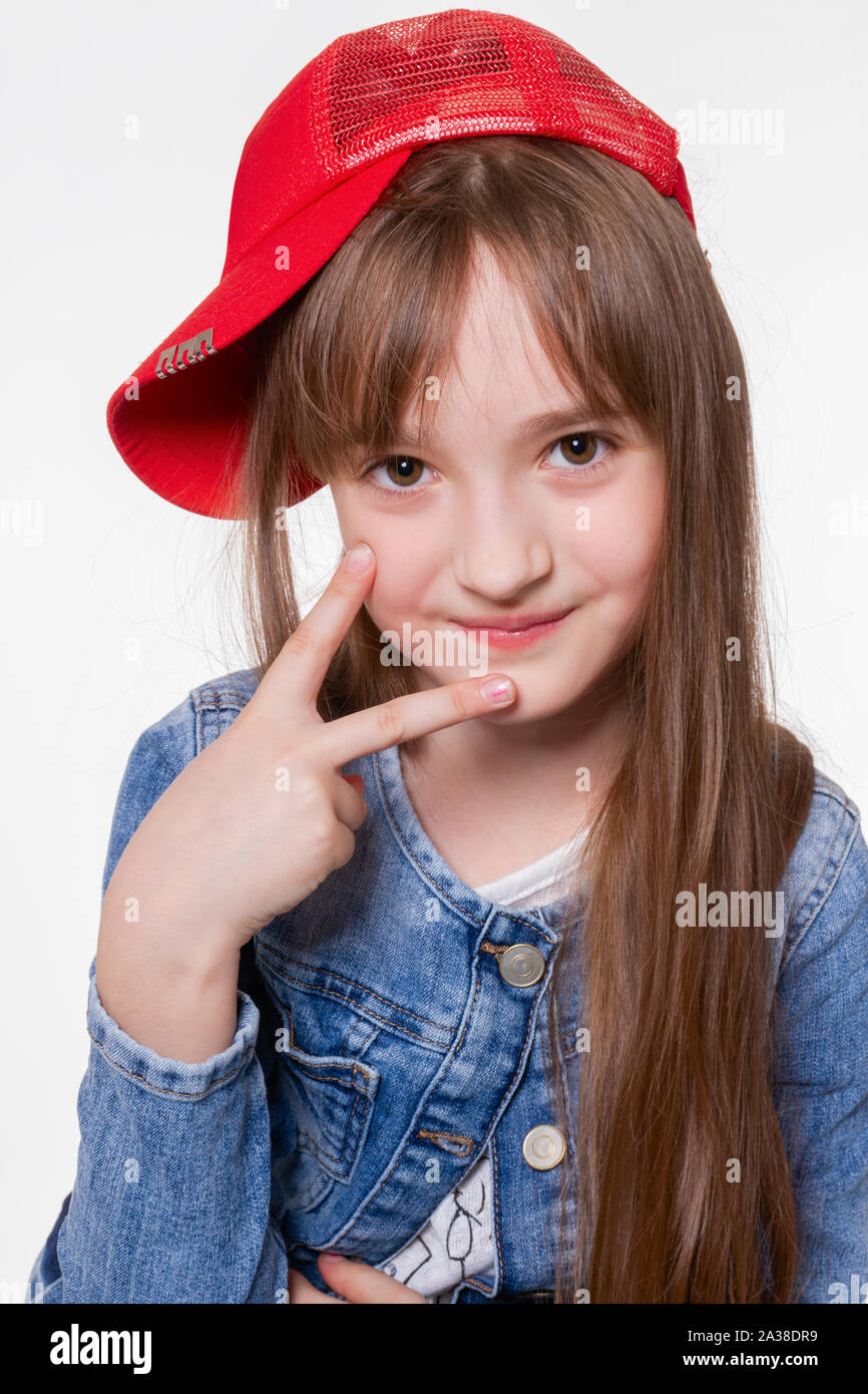 Cheerful smiling girl, looking at the camera, funny gestured Stock ...