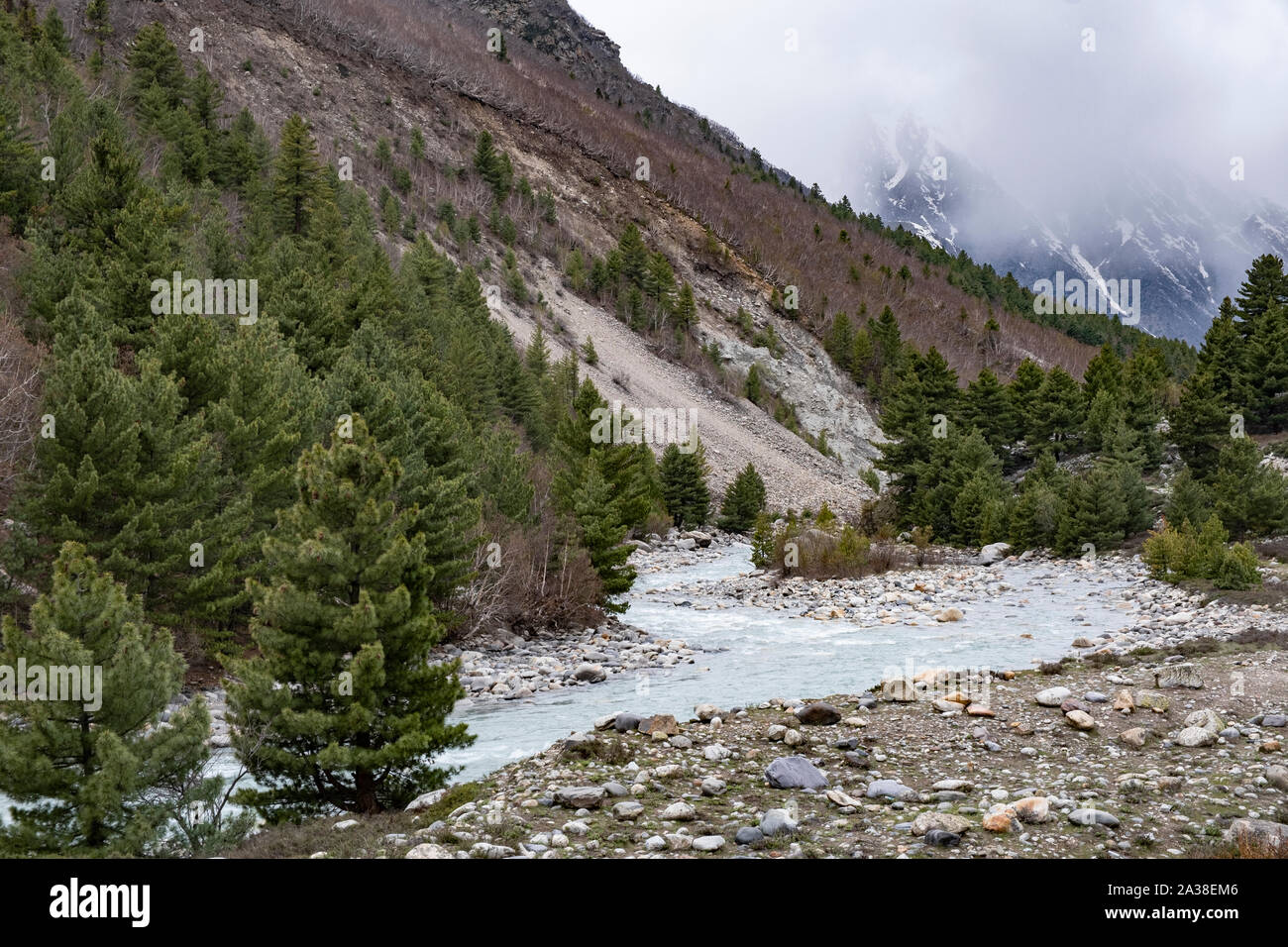 Chitkul village- Baspa river flows through the Sangla valley surrounded ...