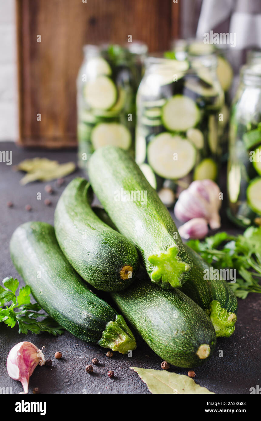 Fresh organic zucchini, garlic and parsley, herbs and spices. Process ...