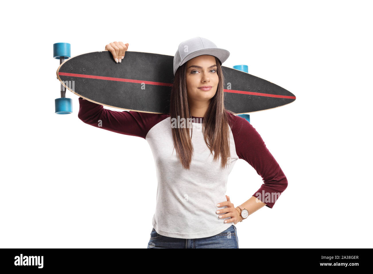 Cute girl with a longboard isolated on white background Stock Photo - Alamy