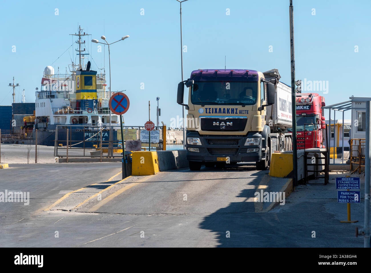 Rethymno, Crete, Greece. September 2019. Trucks entering and exiting ...
