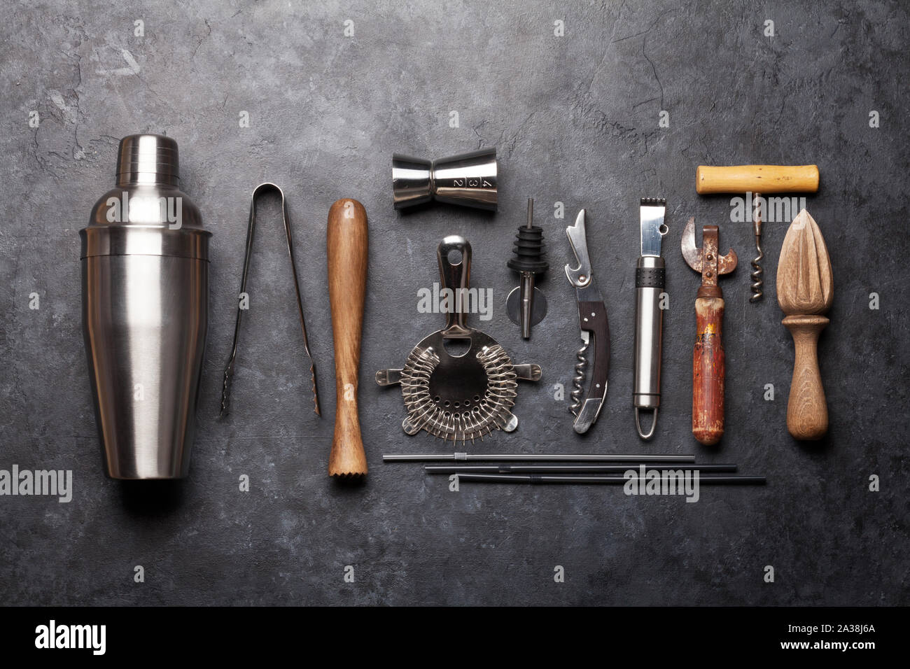 Cocktail utensils. Set of bar tools on stone table. Top view flat lay ...