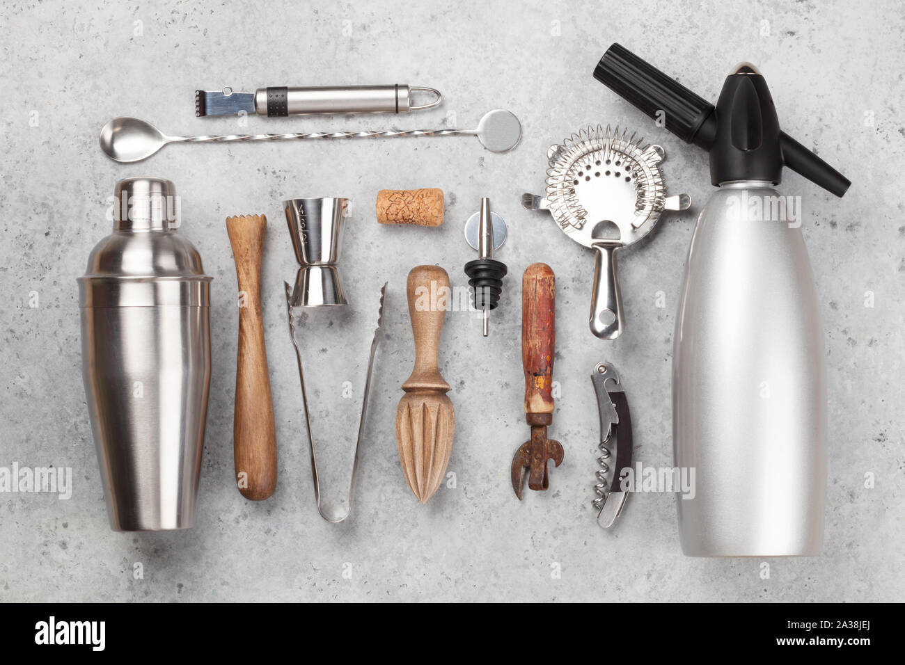 Cocktail utensils. Set of bar tools on stone table. Top view flat lay ...