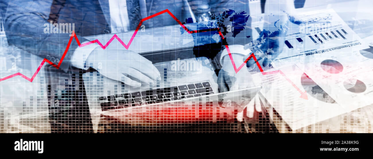 Chart with red down arrow on abstract background. Falling growth in ...