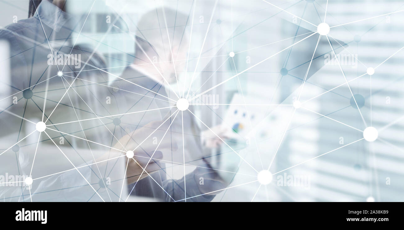 Blockchain network on blurred skyscrapers background. Financial ...