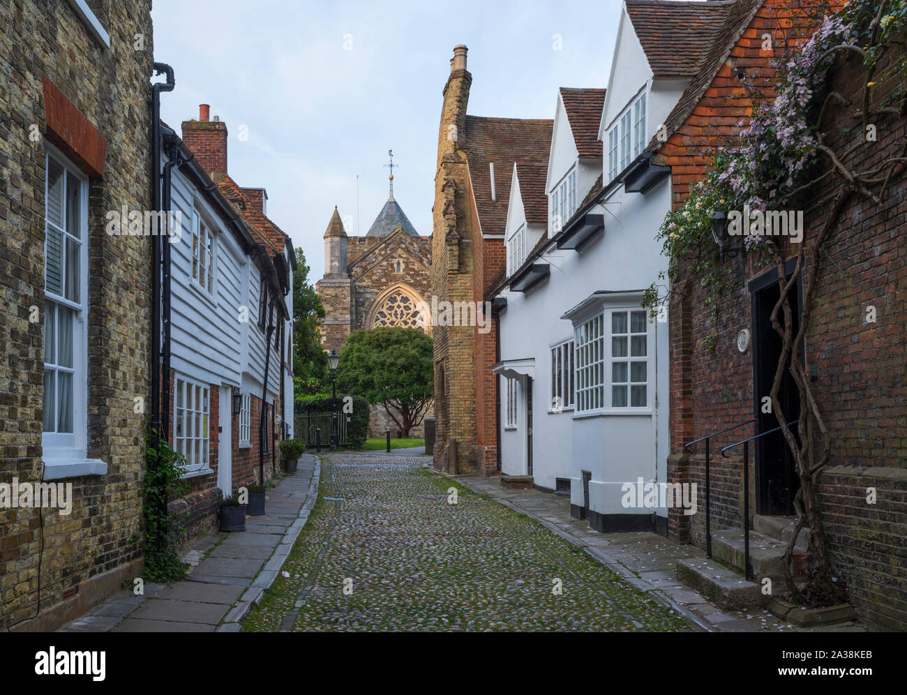 Cobbled West Street looking towards St. Mary's church in Rye, East ...