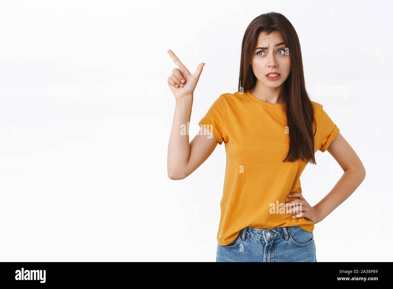 Girl find product risky and strange, look awkward or speechless ...