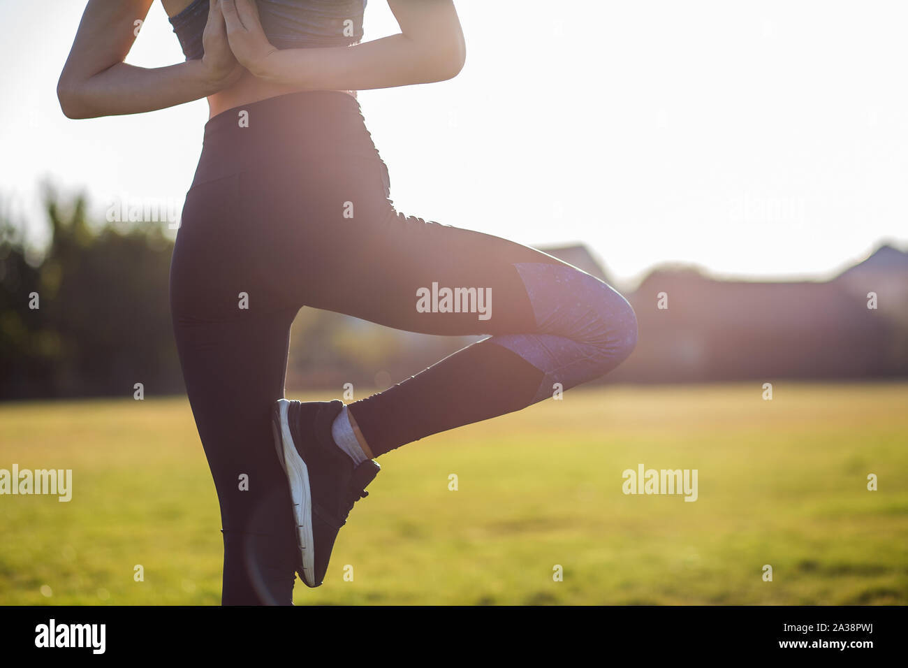 Back view of young girl in yoga position meditates in field at sunrise ...