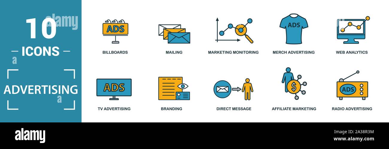 Advertising icon set. Include creative elements focus group, marketing ...