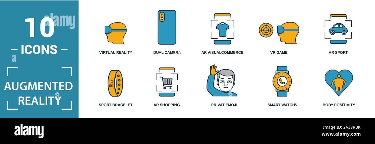 Ar And Vr icon set. Include creative elements augmented reality, 360 view, face recognition ...