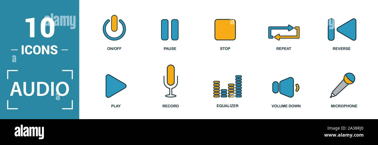 Audio Buttons icon set. Include creative elements play, pause, on off ...