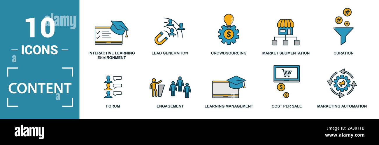Content icon set. Include creative elements cost per click ...