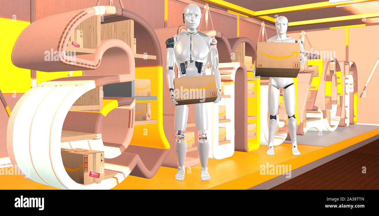 humanoid robots holding cardboard packages on the background of a ...