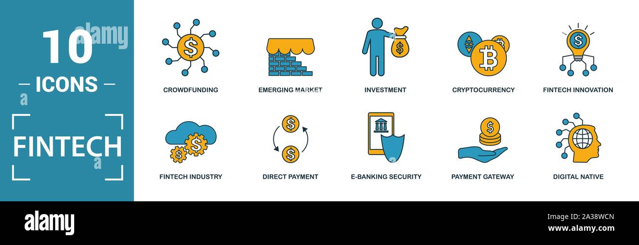 Fintech icon set. Include creative elements online banking, direct ...