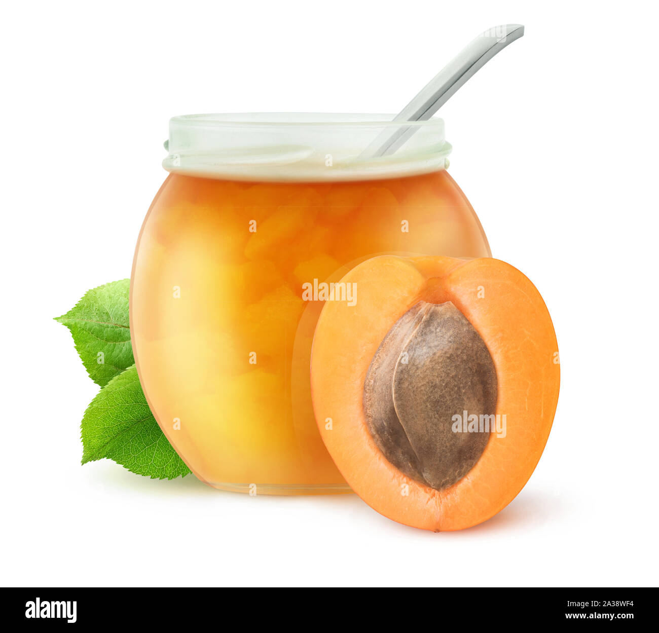 Isolated jam jar. Home made fruit jam in open glass container with ...