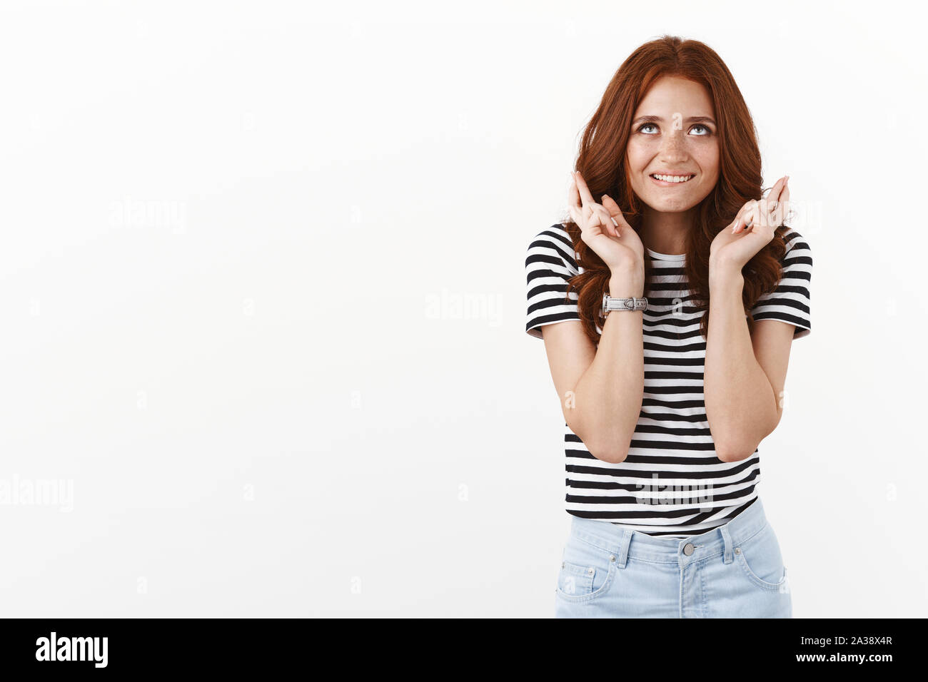 Excited hopeful cute female redhead teenage girl having dream, wanna ...