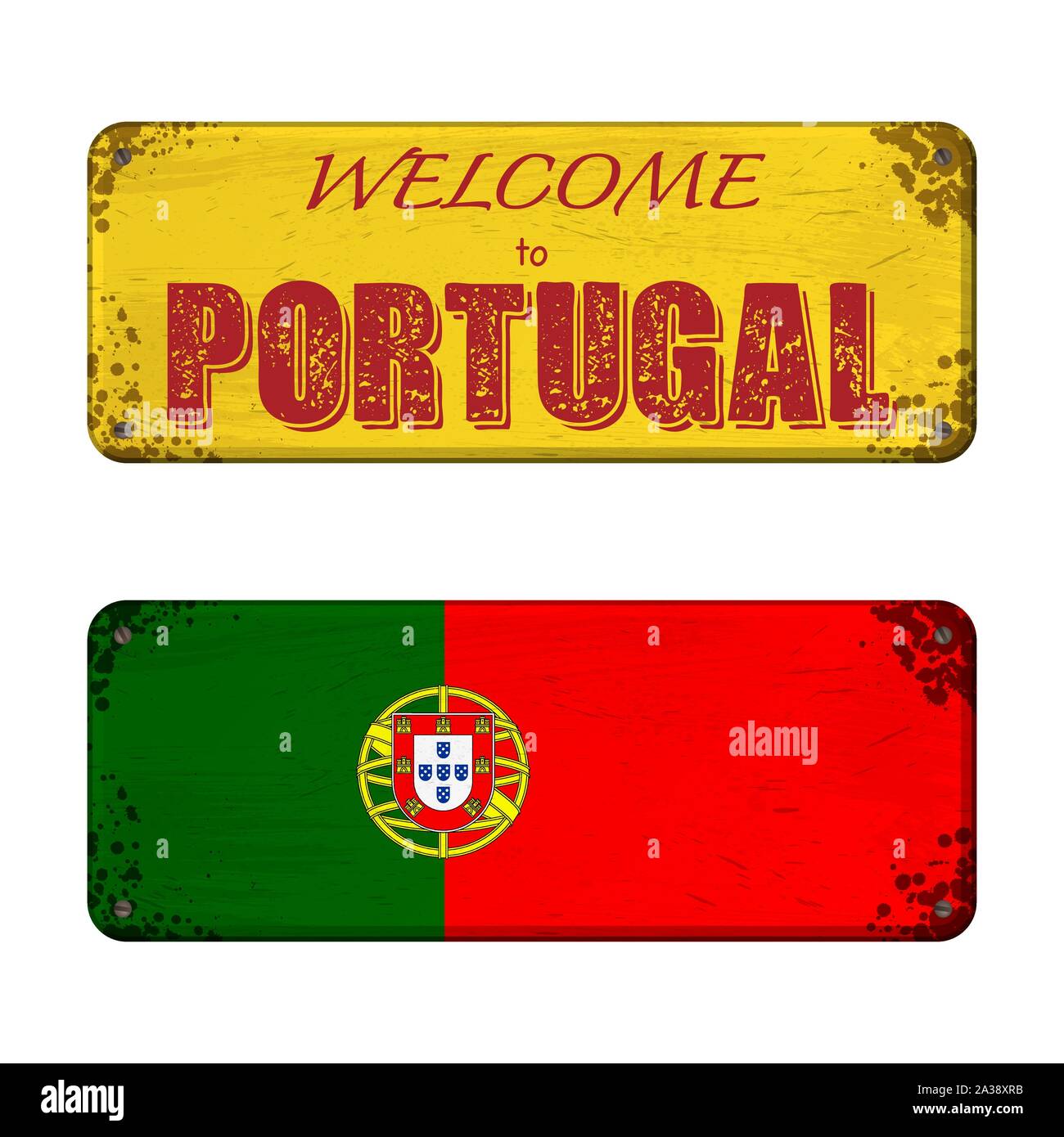 Two old grunge nameplates with Portugal flag and welcome text Stock ...