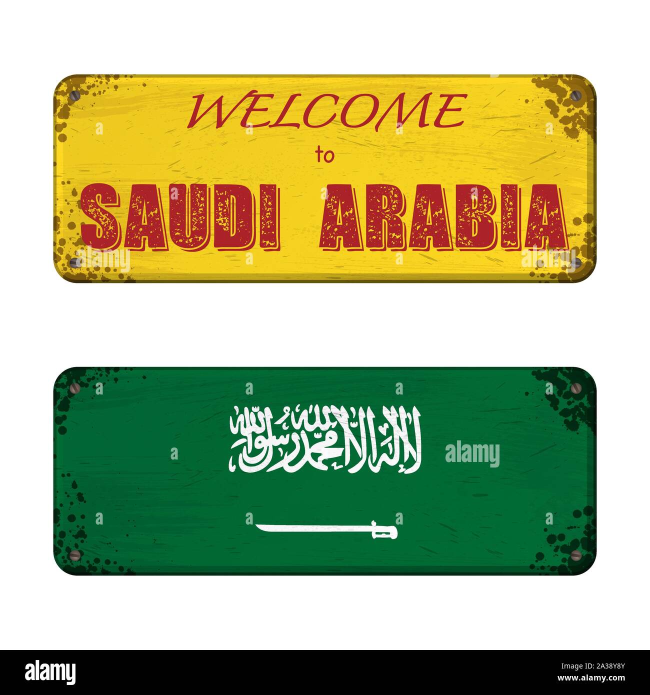 Two old grunge nameplates with Saudi Arabia flag and welcome text ...