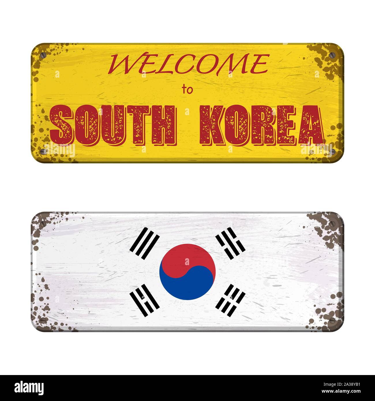 Two old grunge nameplates with South Korea flag and welcome text Stock ...
