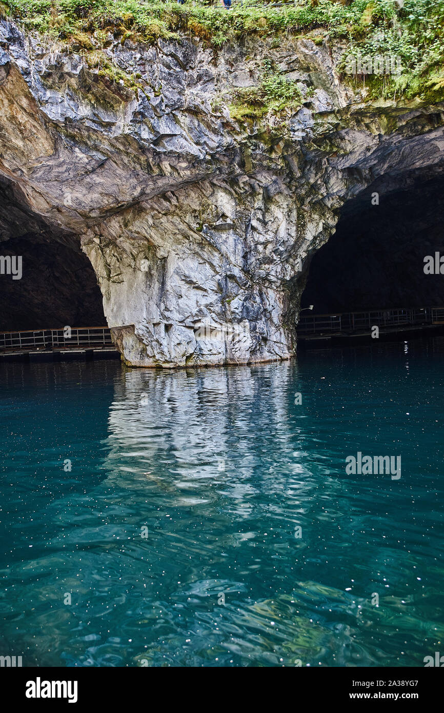 Types of a former underground marble quarry flooded with water. The ...