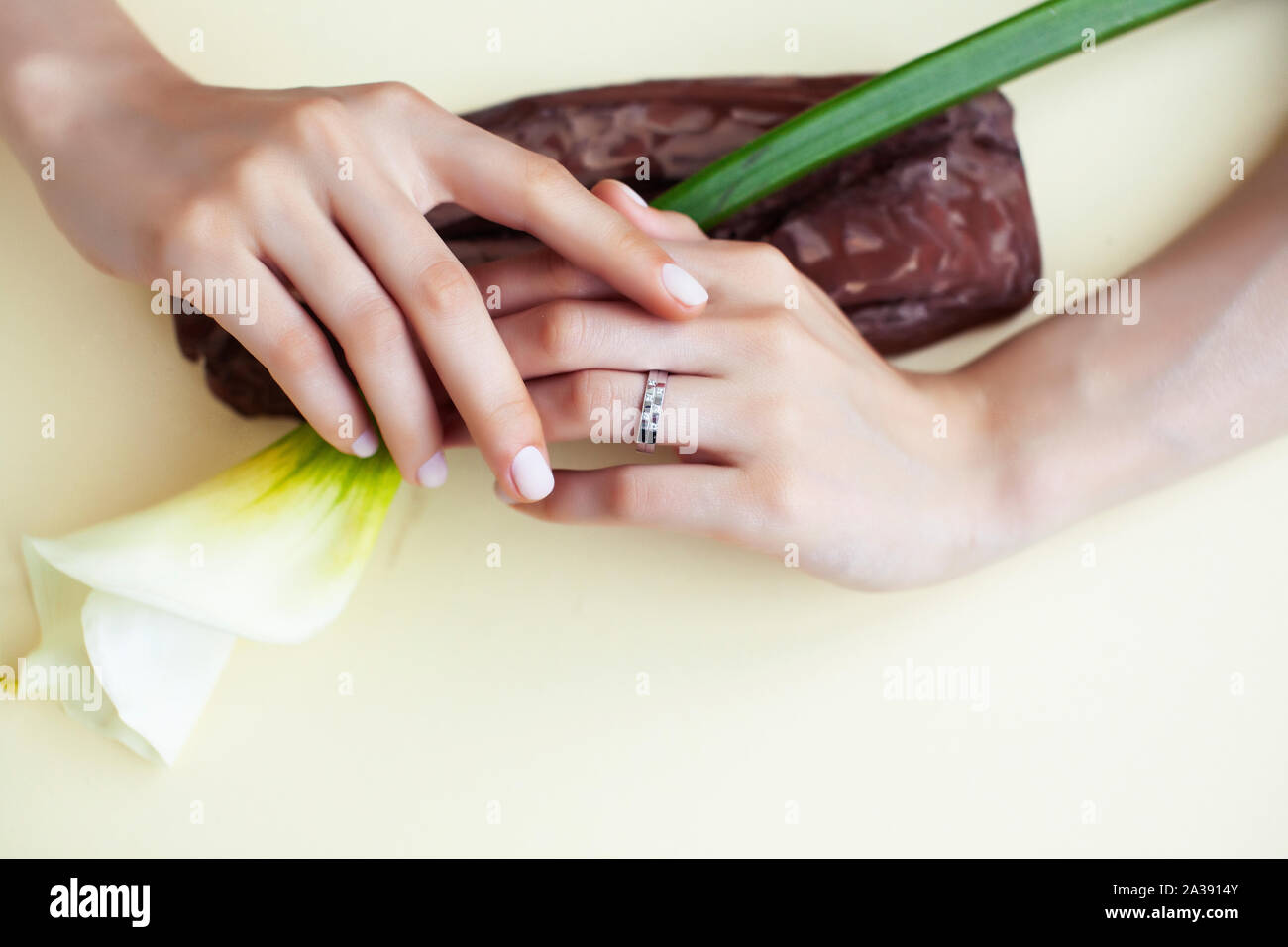 pretty perfect woman hands with white manicure and big flower on ...