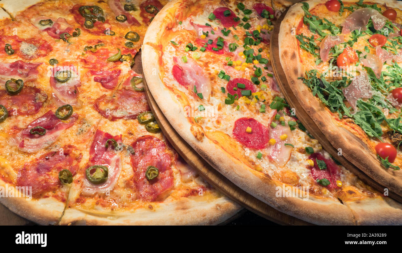 Pizza on a shop window, close-up Stock Photo - Alamy