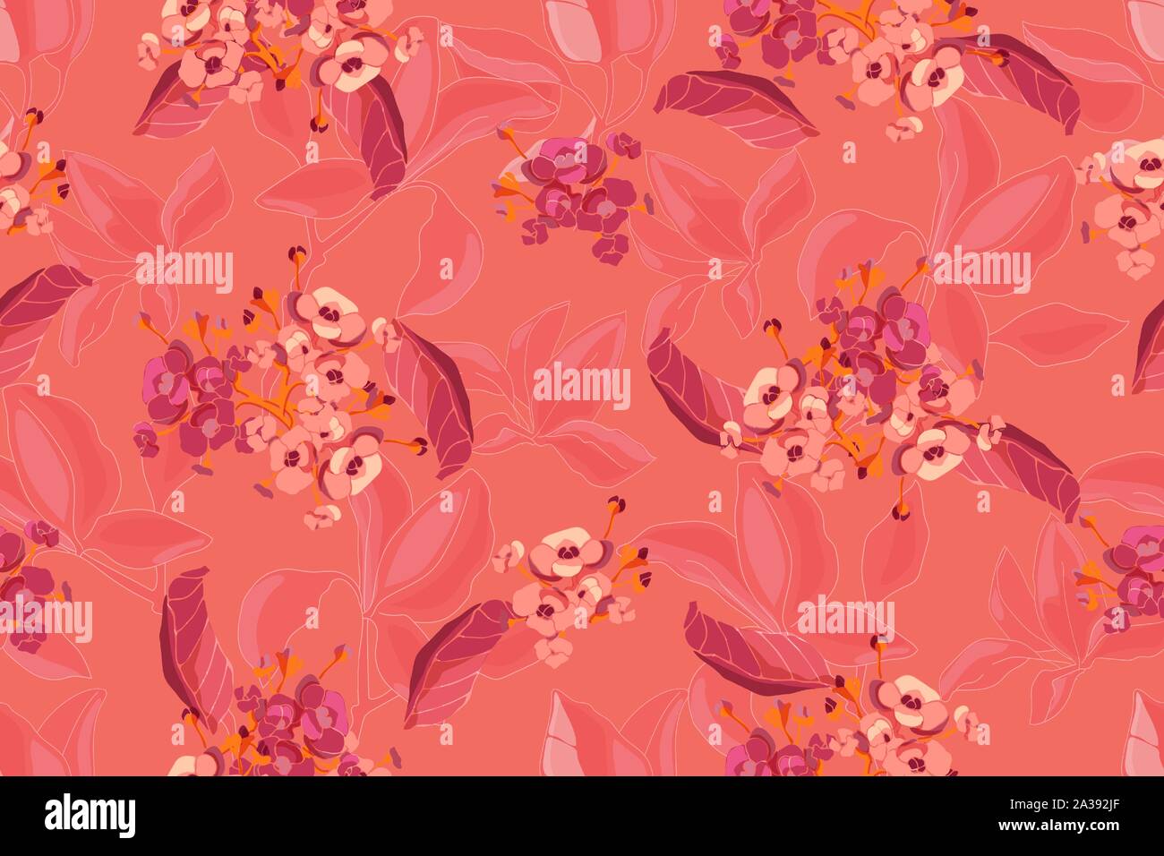 Vector floral pattern on coral color background Stock Vector Image ...