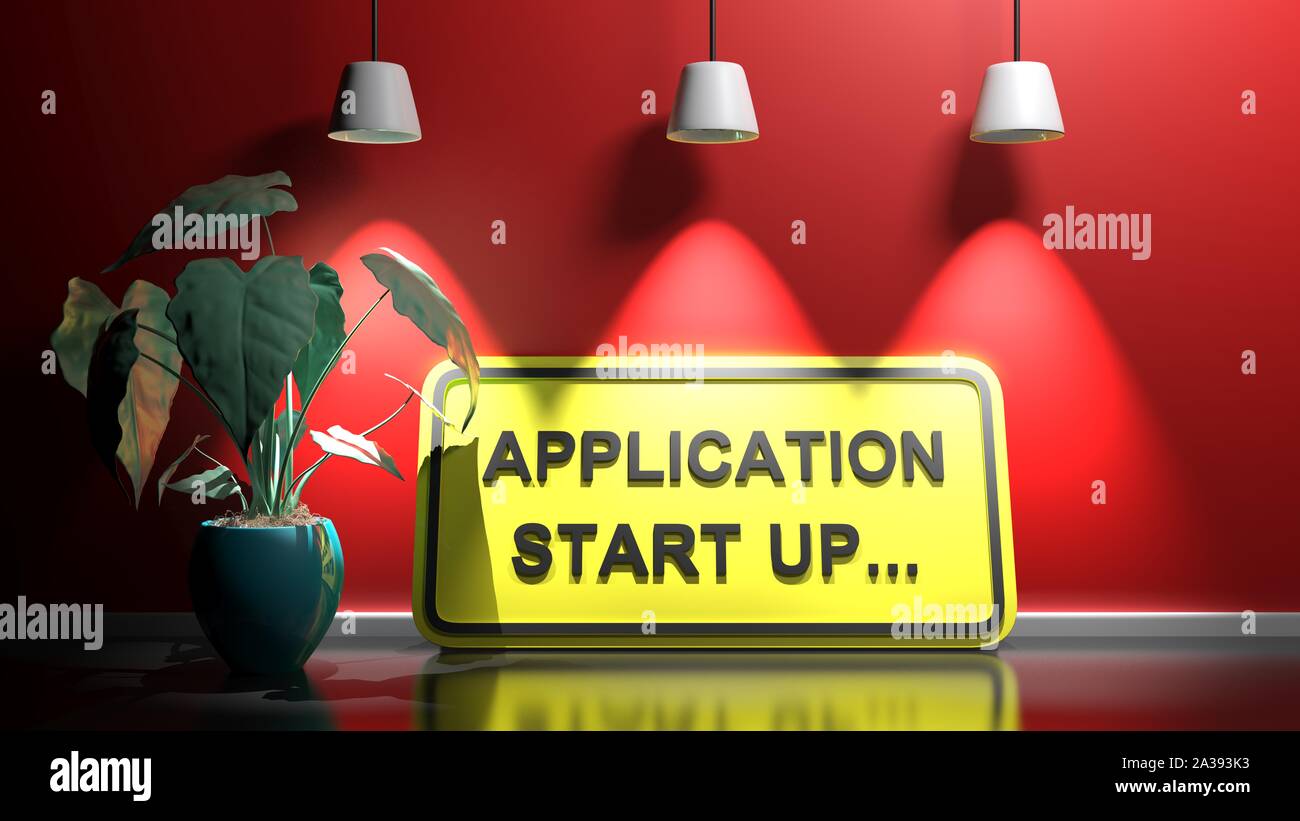 APPLICATION START UP sign at red wall - 3D rendering illustration Stock ...