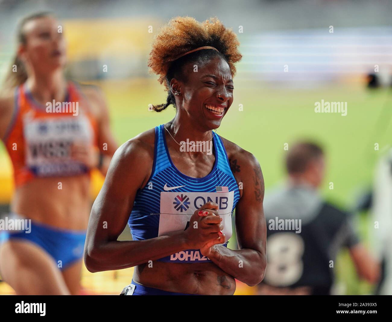 Doha, Qatar. 6th Oct, 2019. Nia Ali of United States winning in the 100 ...