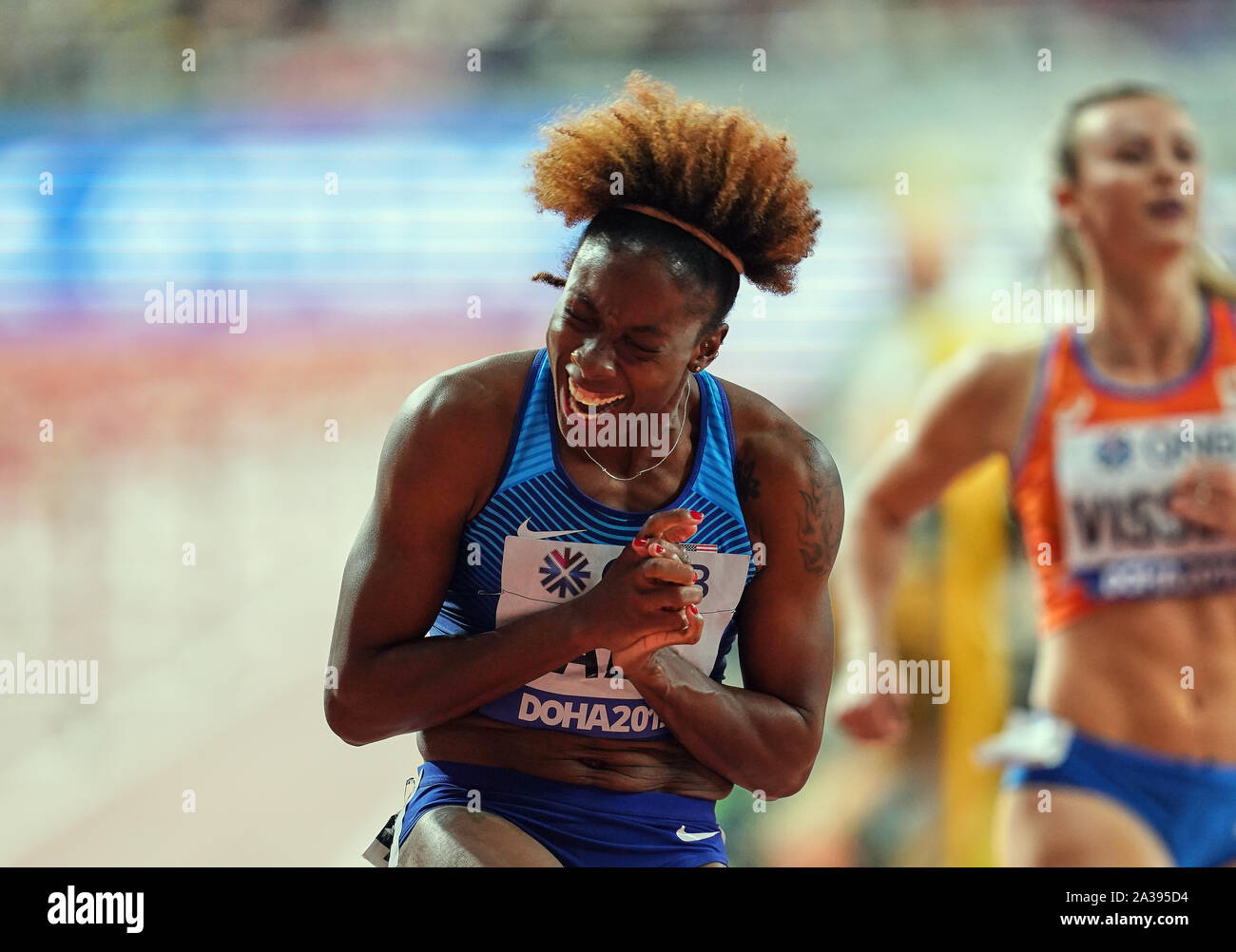 Doha, Qatar. 6th Oct, 2019. Nia Ali of United States winning in the 100 ...