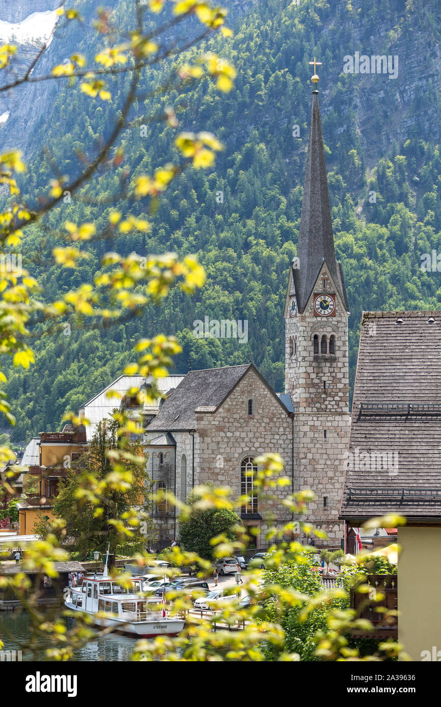 25 May 2019, Hallstatt, Austria. Hallstatt lutheran church with ...