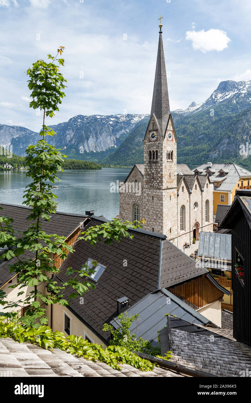 25 May 2019, Hallstatt, Austria. Hallstatt lutheran church with ...