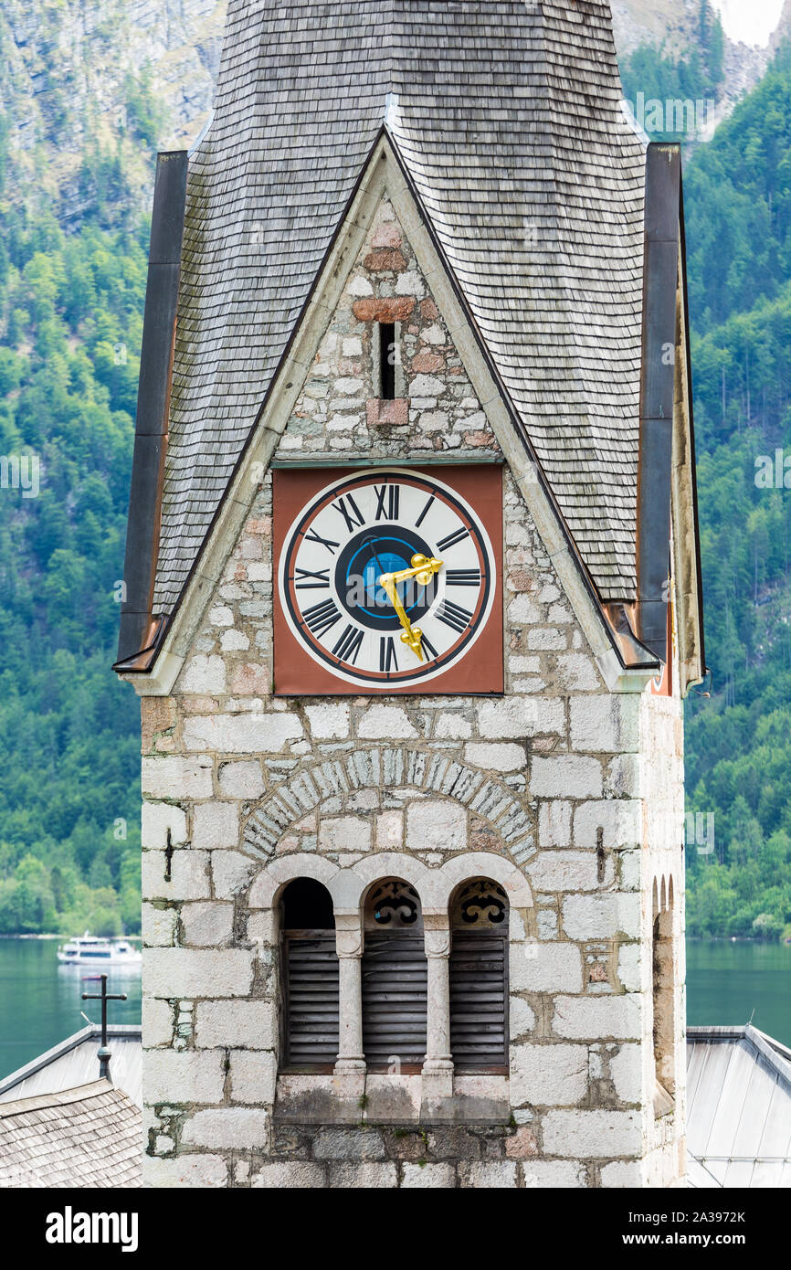 25 May 2019, Hallstatt, Austria. Hallstatt lutheran church with ...