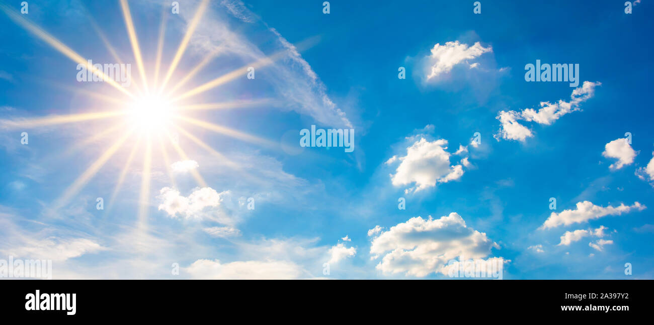 Hot summer or heat wave background, blue sky with glowing sun Stock ...