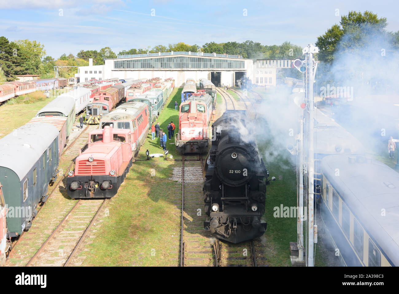 Strasshof an der Nordbahn: railway museum „Das Heizhaus“, steam from ...