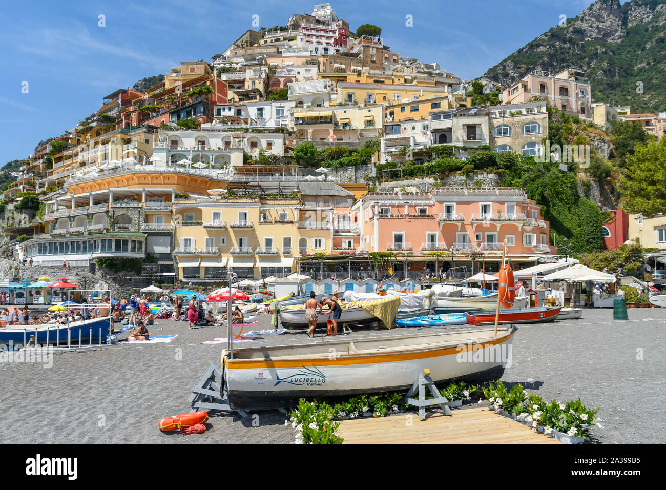 POSITANO, ITALY - AUGUST 2019: Boats on the beach in Positano. In the ...