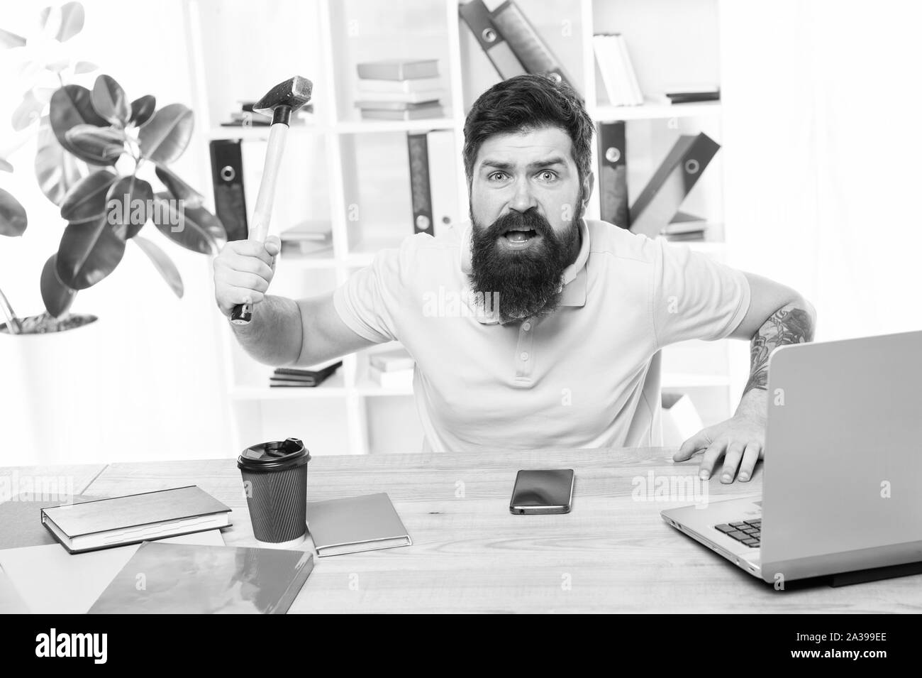 Angry aggressive businessman in office. Frustrated office worker ...