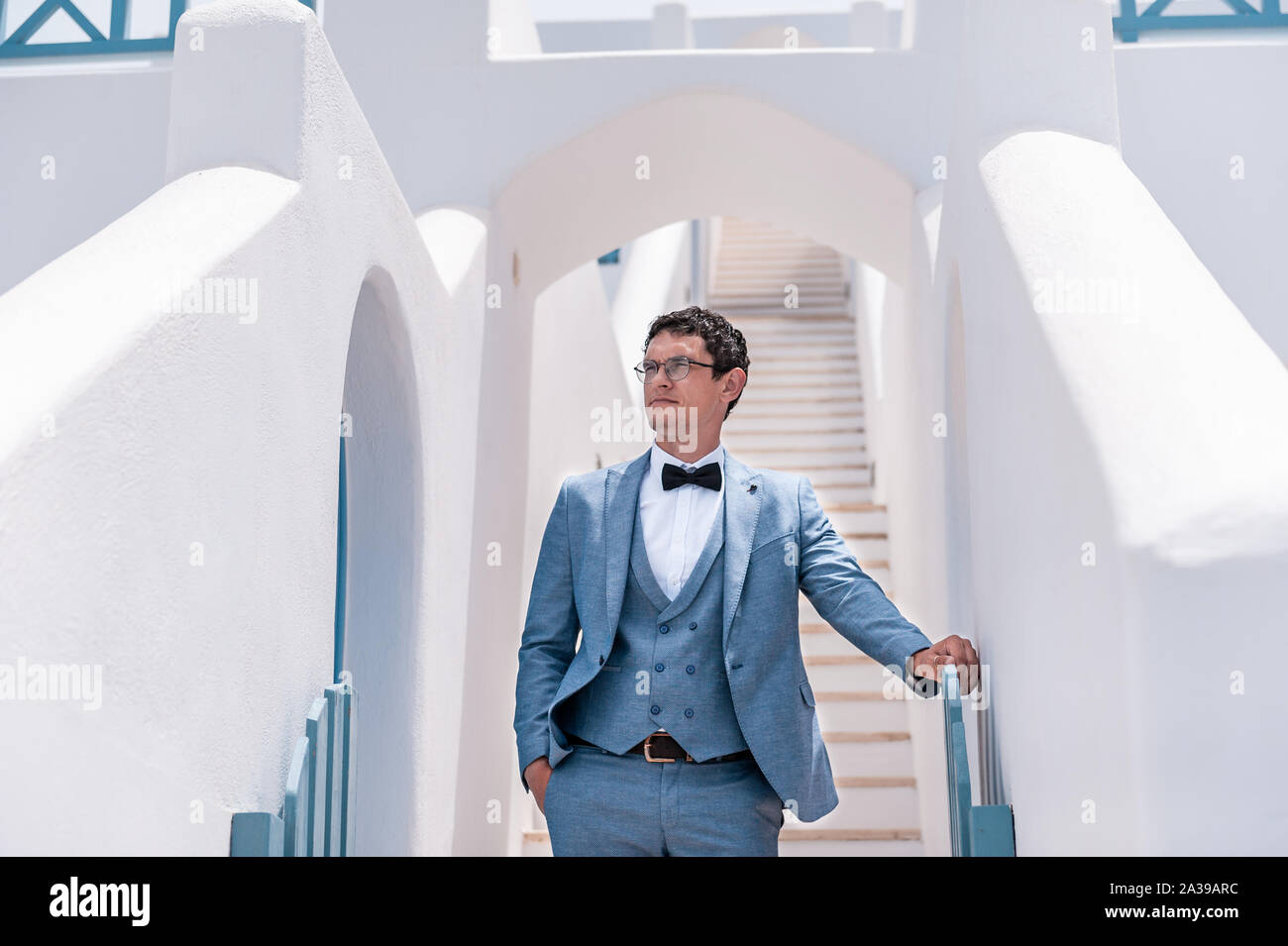 beautiful groom in summer wedding day on greek island Santorini Stock ...